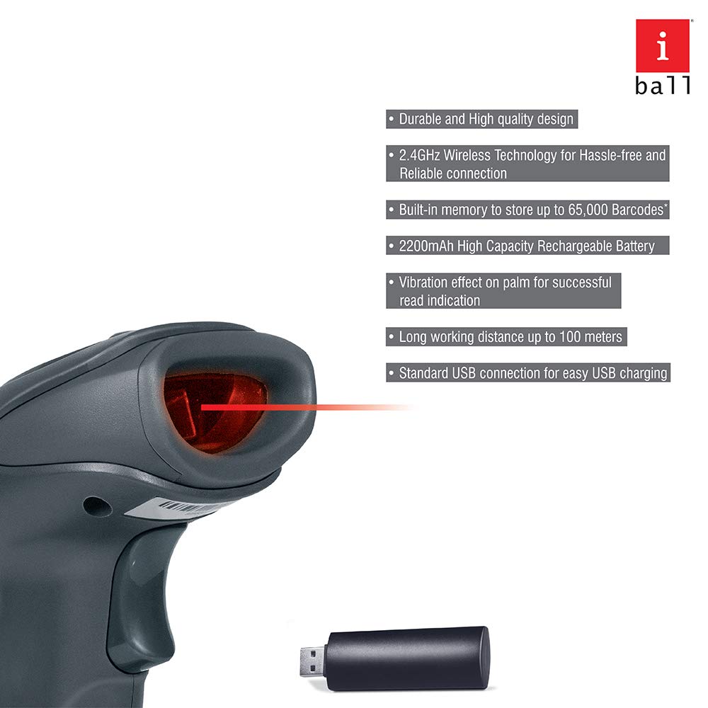 iBall WBS-650MV 2.4GHZ Wireless High-Speed 1D Barcode Scanner Reader ...